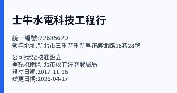 士牛水電科技工程行的照片-統編 72685620(新北市) 公司登記資料與營業項目詳細圖表