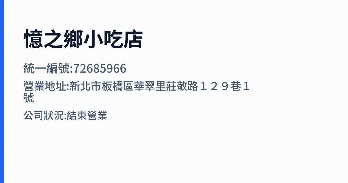 憶之鄉小吃店 - 統編 72685966(新北市) 公司登記資料與營業項目詳細圖表