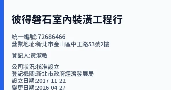 彼得磐石室內裝潢工程行的照片-統編 72686466(新北市) 公司登記資料與營業項目詳細圖表