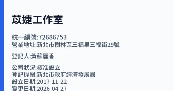 苡婕工作室的照片-統編 72686753(新北市) 公司登記資料與營業項目詳細圖表