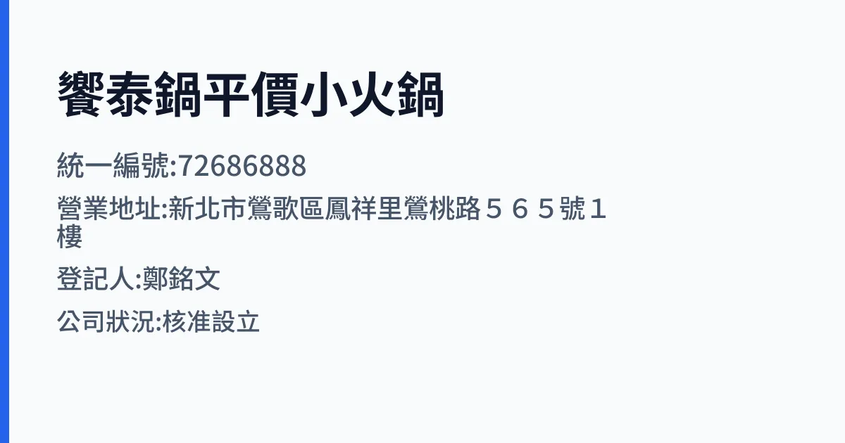 饗泰鍋平價小火鍋 - 統編 72686888(新北市) 公司登記資料與營業項目詳細圖表