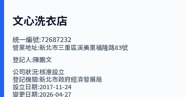 文心洗衣店的照片-統編 72687232(新北市) 公司登記資料與營業項目詳細圖表