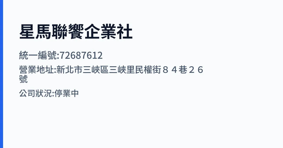 星馬聯饗企業社 - 統編 72687612(新北市) 公司登記資料與營業項目詳細圖表