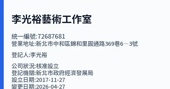 李光裕藝術工作室的照片-統編 72687681(新北市) 公司登記資料與營業項目詳細圖表