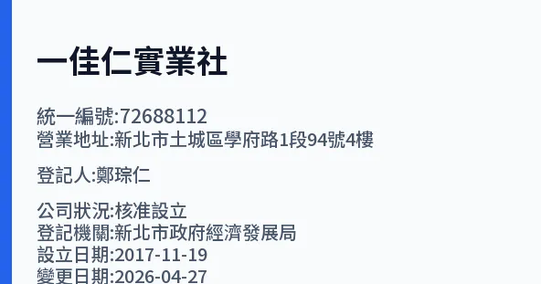一佳仁實業社的照片-統編 72688112(新北市) 公司登記資料與營業項目詳細圖表