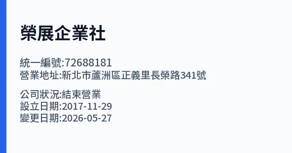 榮展企業社的照片-統編 72688181(新北市) 公司登記資料與營業項目詳細圖表