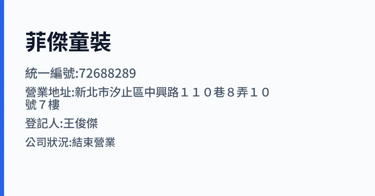 菲傑童裝 - 統編 72688289(新北市) 公司登記資料與營業項目詳細圖表