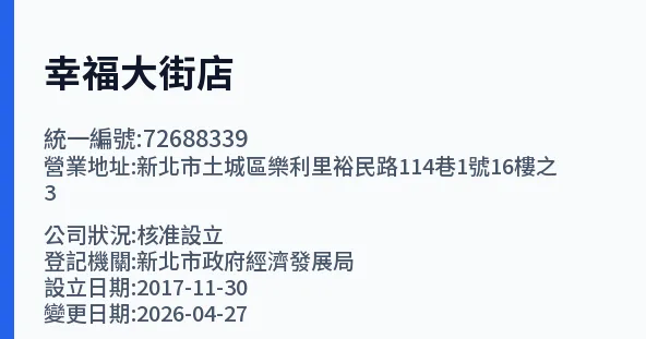 幸福大街店的照片-統編 72688339(新北市) 公司登記資料與營業項目詳細圖表