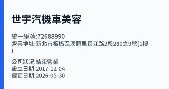 世宇汽機車美容的照片-統編 72688990(新北市) 公司登記資料與營業項目詳細圖表