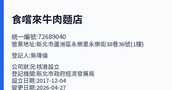 食嚐來牛肉麵店的照片-統編 72689040(新北市) 公司登記資料與營業項目詳細圖表