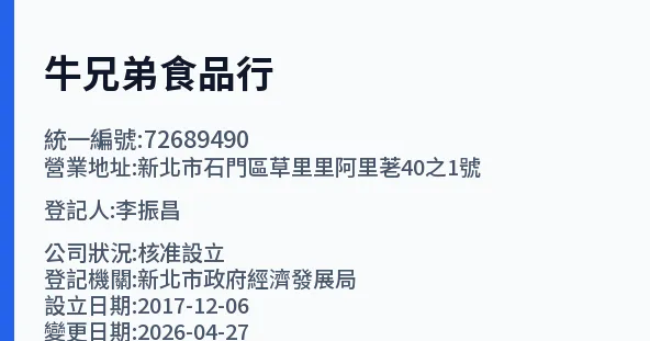 牛兄弟食品行的照片-統編 72689490(新北市) 公司登記資料與營業項目詳細圖表