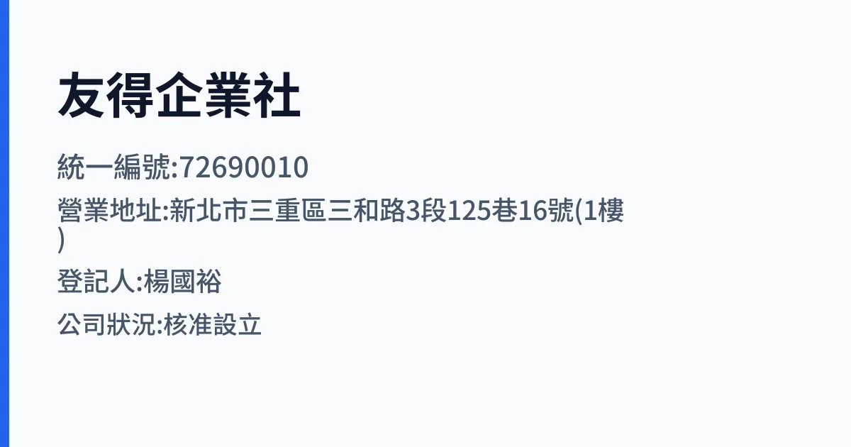 友得企業社 - 統編 72690010(新北市) 公司登記資料與營業項目詳細圖表