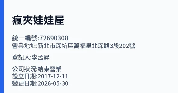 瘋夾娃娃屋的照片-統編 72690308(新北市) 公司登記資料與營業項目詳細圖表