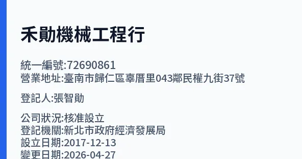 禾勛機械工程行的照片-統編 72690861(臺南市) 公司登記資料與營業項目詳細圖表