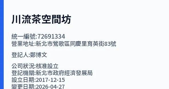 川流茶空間坊的照片-統編 72691334(新北市) 公司登記資料與營業項目詳細圖表