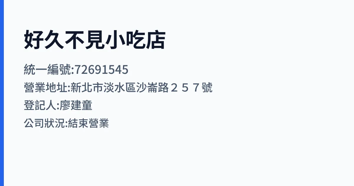 好久不見小吃店 - 統編 72691545(新北市) 公司登記資料與營業項目詳細圖表