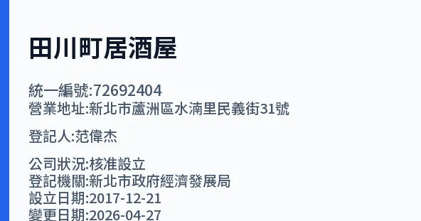 田川町居酒屋的照片-統編 72692404(新北市) 公司登記資料與營業項目詳細圖表