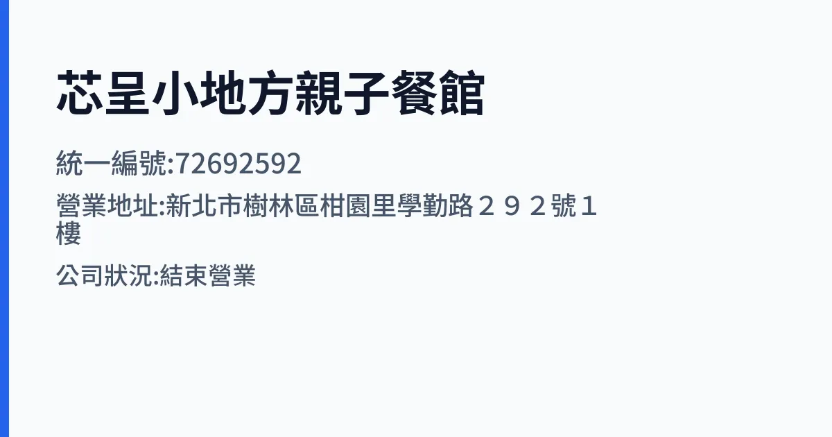 芯呈小地方親子餐館 - 統編 72692592(新北市) 公司登記資料與營業項目詳細圖表