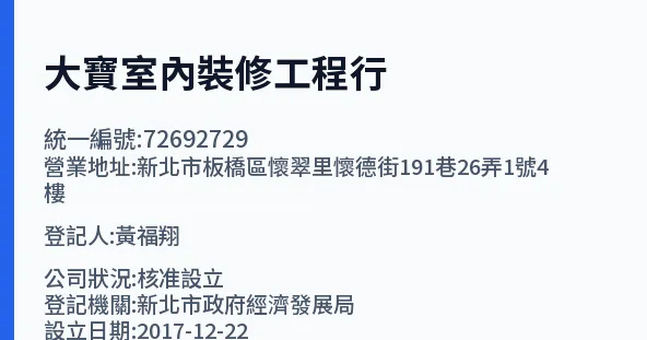 大寶室內裝修工程行的照片-統編 72692729(新北市) 公司登記資料與營業項目詳細圖表