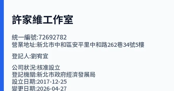 許家維工作室的照片-統編 72692782(新北市) 公司登記資料與營業項目詳細圖表
