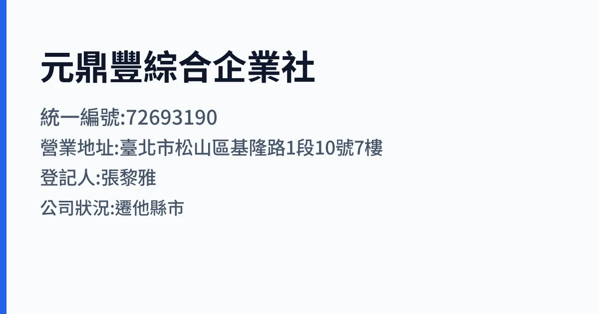 元鼎豐綜合企業社 - 統編 72693190(新北市) 公司登記資料與營業項目詳細圖表