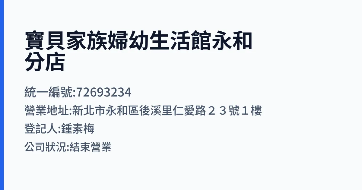 寶貝家族婦幼生活館永和分店 - 統編 72693234(新北市) 公司登記資料與營業項目詳細圖表