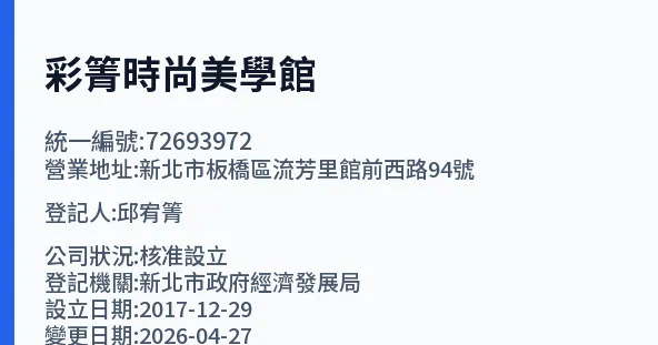 彩箐時尚美學館的照片-統編 72693972(新北市) 公司登記資料與營業項目詳細圖表