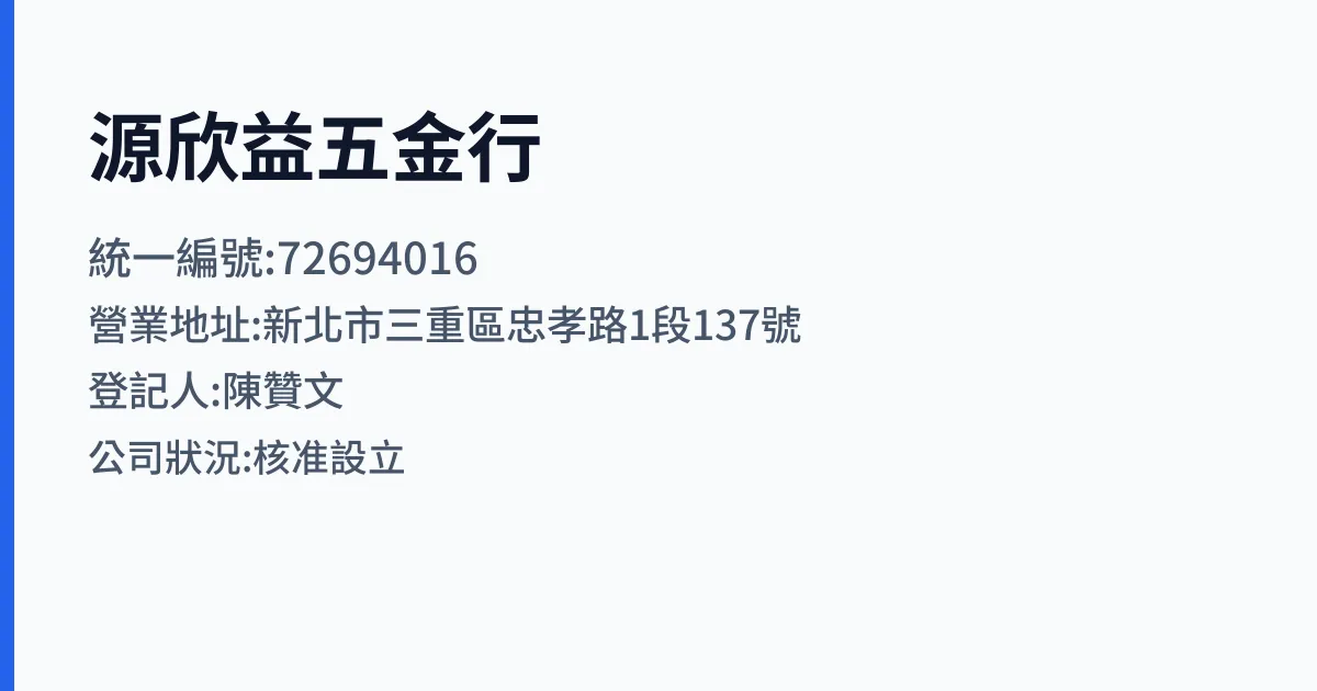 源欣益五金行 - 統編 72694016(新北市) 公司登記資料與營業項目詳細圖表