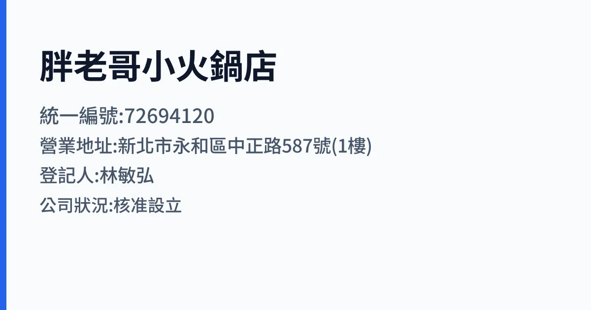 胖老哥小火鍋店 - 統編 72694120(新北市) 公司登記資料與營業項目詳細圖表