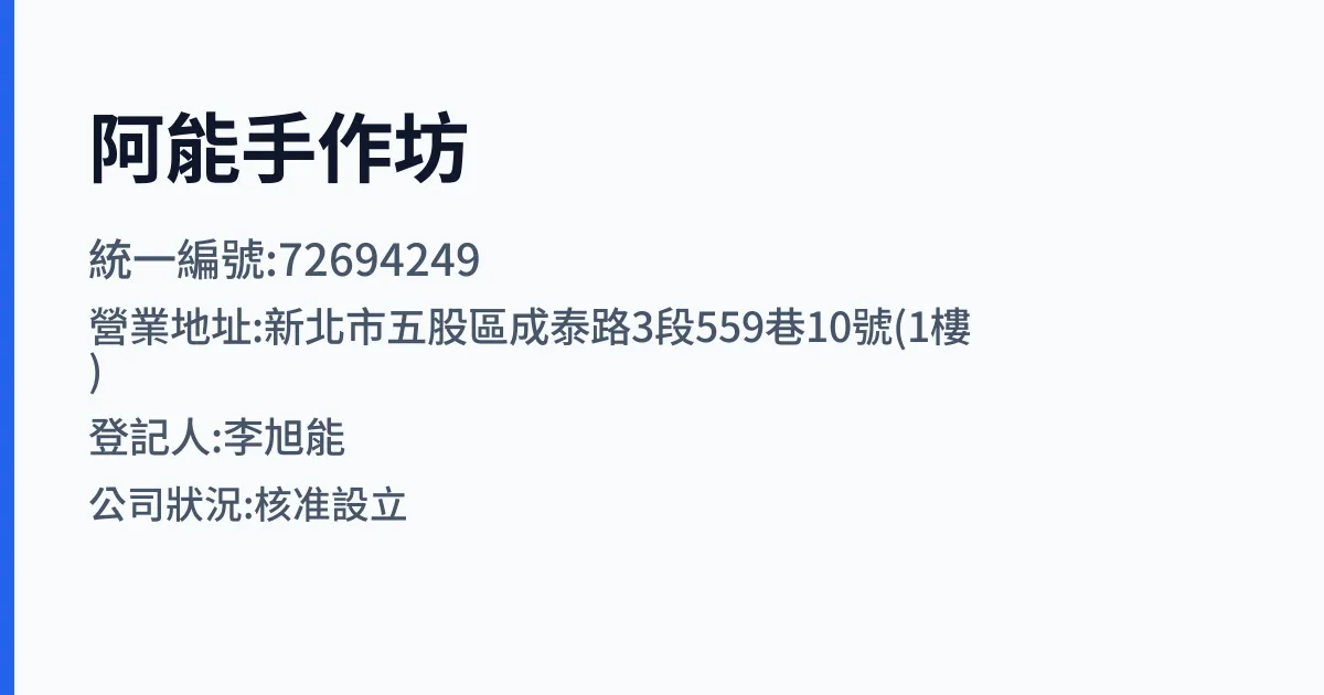 阿能手作坊 - 統編 72694249(新北市) 公司登記資料與營業項目詳細圖表