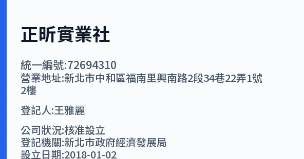 正昕實業社的照片-統編 72694310(新北市) 公司登記資料與營業項目詳細圖表
