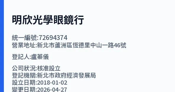 明欣光學眼鏡行的照片-統編 72694374(新北市) 公司登記資料與營業項目詳細圖表