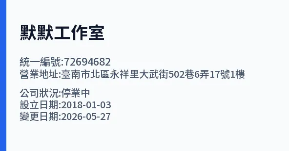 默默工作室的照片-統編 72694682(臺南市) 公司登記資料與營業項目詳細圖表