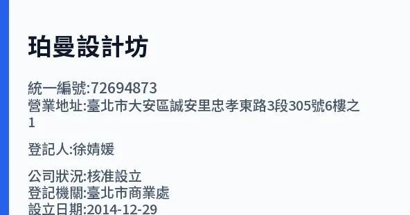 珀曼設計坊的照片-統編 72694873(臺北市) 公司登記資料與營業項目詳細圖表