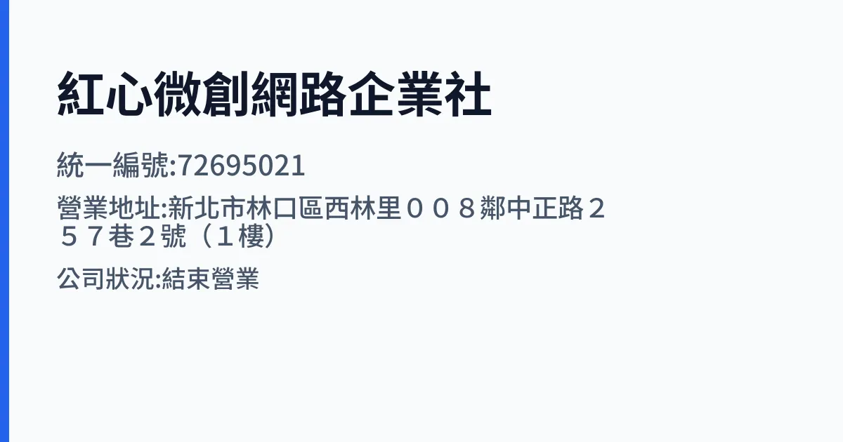 紅心微創網路企業社 - 統編 72695021(新北市) 公司登記資料與營業項目詳細圖表