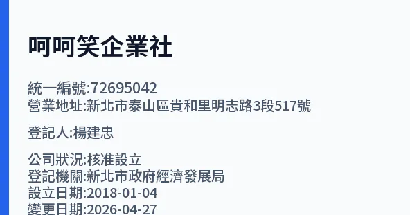 呵呵笑企業社的照片-統編 72695042(新北市) 公司登記資料與營業項目詳細圖表