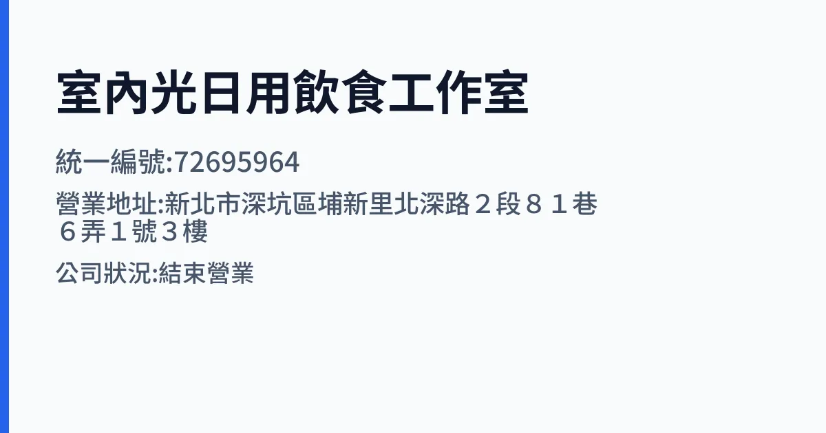 室內光日用飲食工作室 - 統編 72695964(新北市) 公司登記資料與營業項目詳細圖表