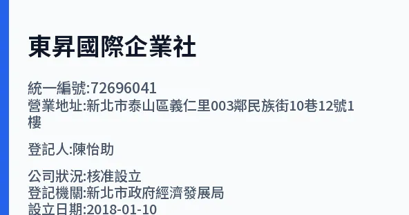 東昇國際企業社的照片-統編 72696041(新北市) 公司登記資料與營業項目詳細圖表