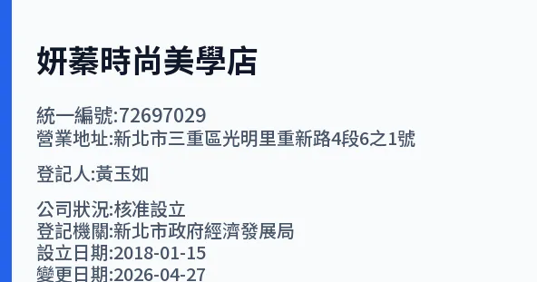 妍蓁時尚美學店的照片-統編 72697029(新北市) 公司登記資料與營業項目詳細圖表