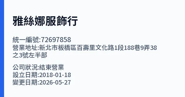 雅絲娜服飾行的照片-統編 72697858(新北市) 公司登記資料與營業項目詳細圖表