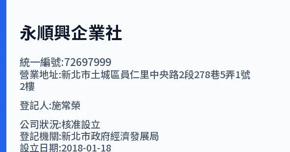 永順興企業社的照片-統編 72697999(新北市) 公司登記資料與營業項目詳細圖表