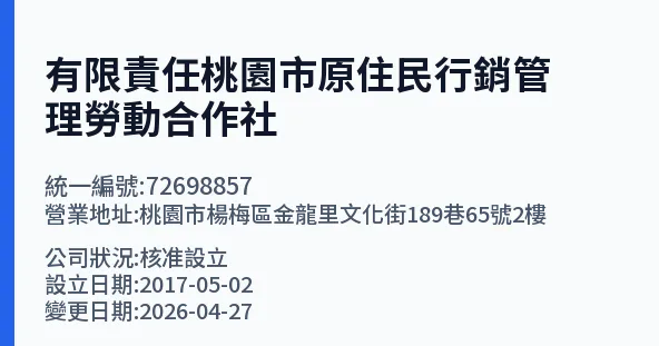 有限責任桃園市原住民行銷管理勞動合作社的照片-統編 72698857(桃園市) 公司登記資料與營業項目詳細圖表