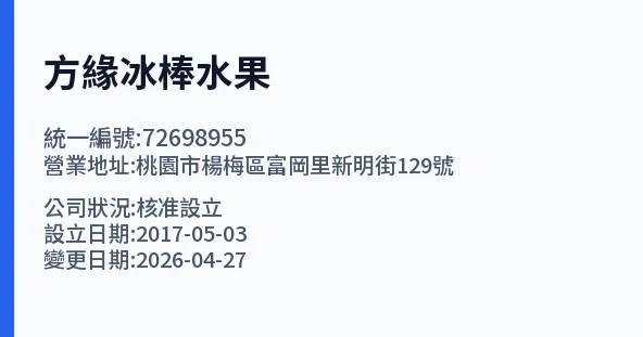 方緣冰棒水果的照片-統編 72698955(桃園市) 公司登記資料與營業項目詳細圖表