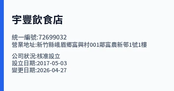 宇豐飲食店的照片-統編 72699032(新竹縣) 公司登記資料與營業項目詳細圖表