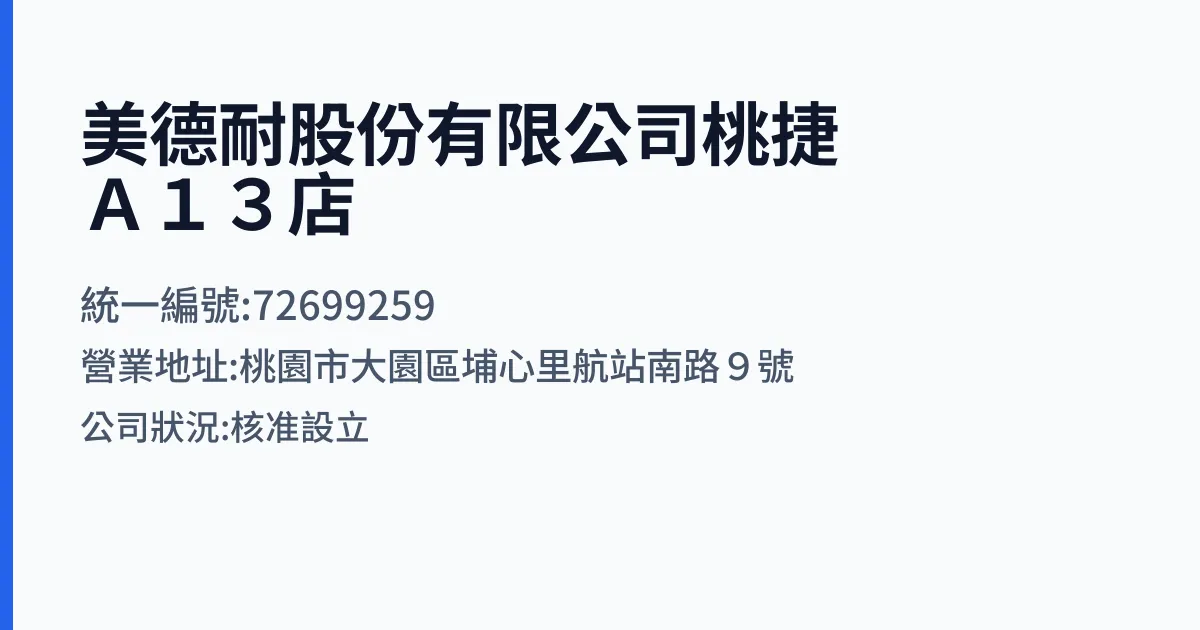 美德耐股份有限公司桃捷A13店 - 統編 72699259(桃園市) 公司登記資料與營業項目詳細圖表