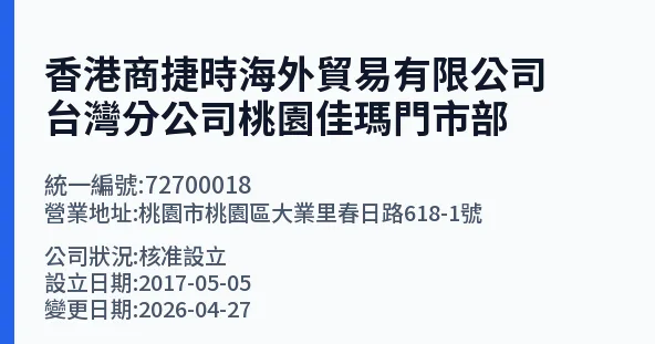 香港商捷時海外貿易有限公司台灣分公司桃園佳瑪門市部的照片-統編 72700018(桃園市) 公司登記資料與營業項目詳細圖表