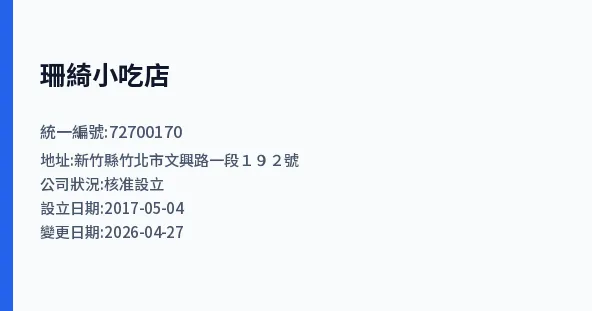 珊綺小吃店的照片-統編 72700170(新竹縣) 公司登記資料與營業項目詳細圖表