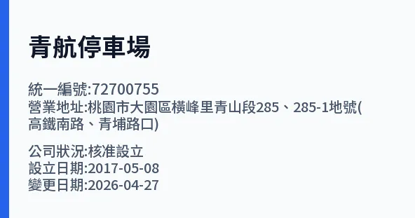 青航停車場的照片-統編 72700755(桃園市) 公司登記資料與營業項目詳細圖表