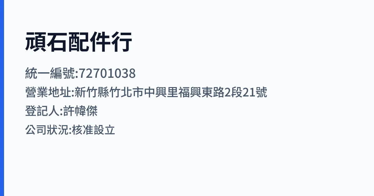 頑石配件行 - 統編 72701038(新竹縣) 公司登記資料與營業項目詳細圖表