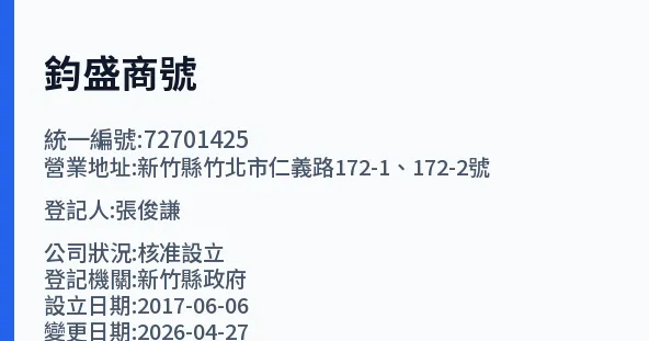 鈞盛商號的照片-統編 72701425(新竹縣) 公司登記資料與營業項目詳細圖表